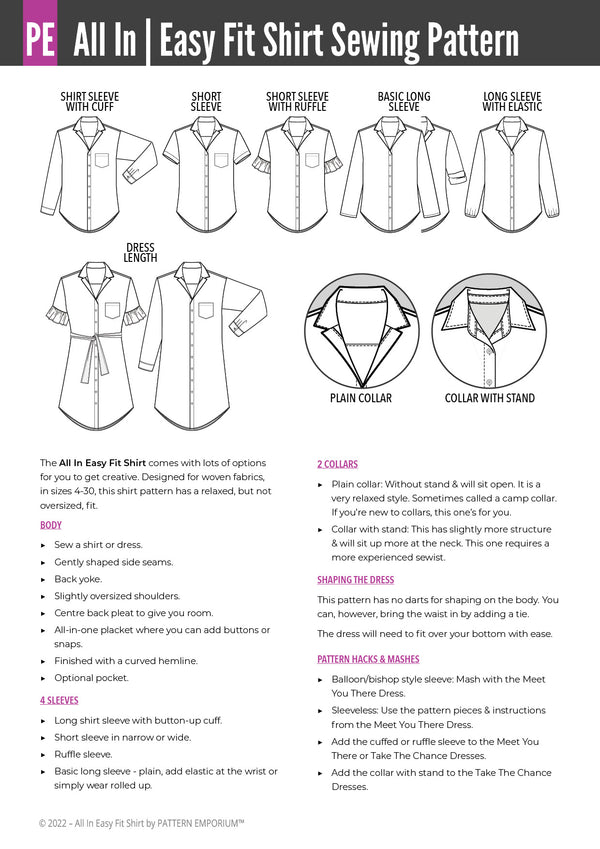 All In Easy Fit Shirt Sewing Pattern - PATTERN EMPORIUM